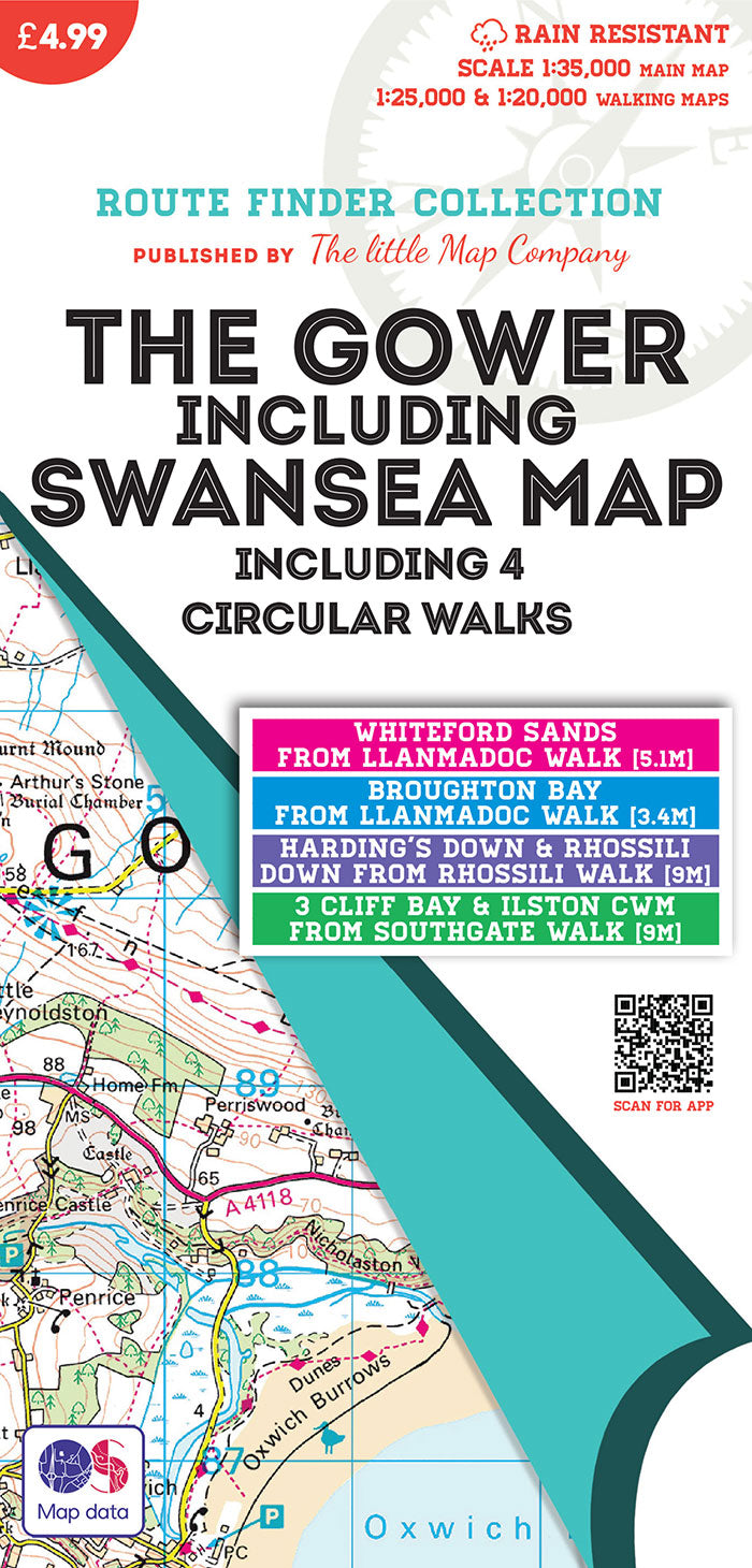 The Gower Map Including Swansea and 4 Circular Walks - The Little Map Co